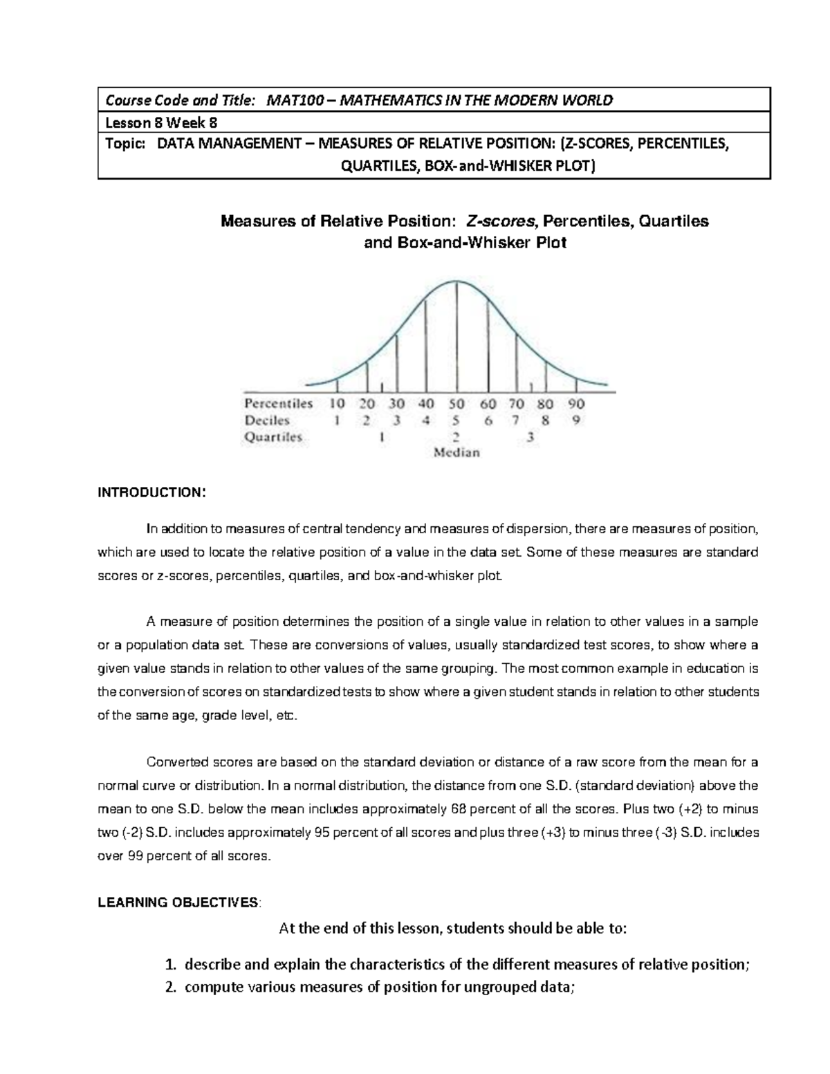 MMW Lesson 8 Week 8 Measures of Relative Position Z score Percentiles ...