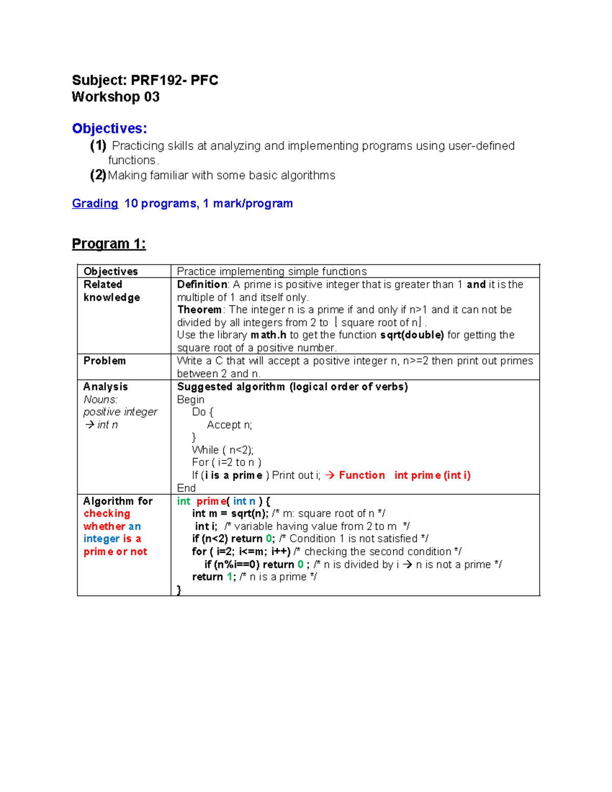 SE1815 SP24 WS3 - Subject: PRF192- PFC Workshop 03 Objectives: (1) Practicing skills at ...