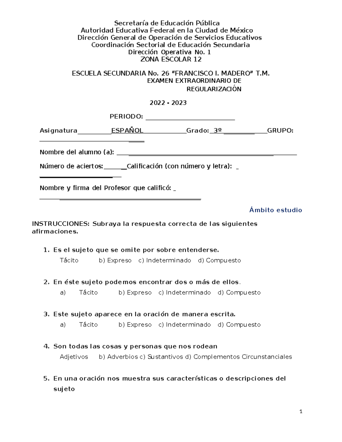 Examen Corregido 2023 3RO - Secretaría de Educación Pública Autoridad ...