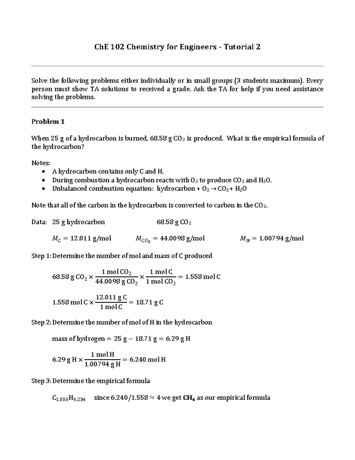 Ch E102 - Tutorial 2 Solutions - ChE 102 Chemistry for Engineers - Tutorial 2 Solve the ...