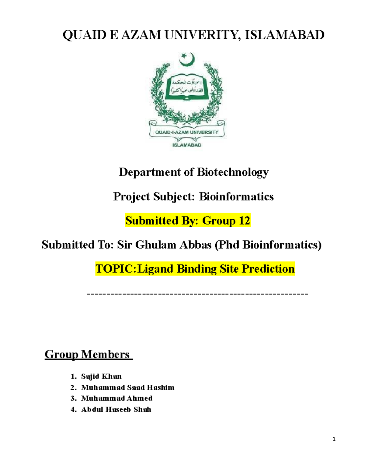 Bioinformatics group 12 - QUAID E AZAM UNIVERITY, ISLAMABAD Department ...