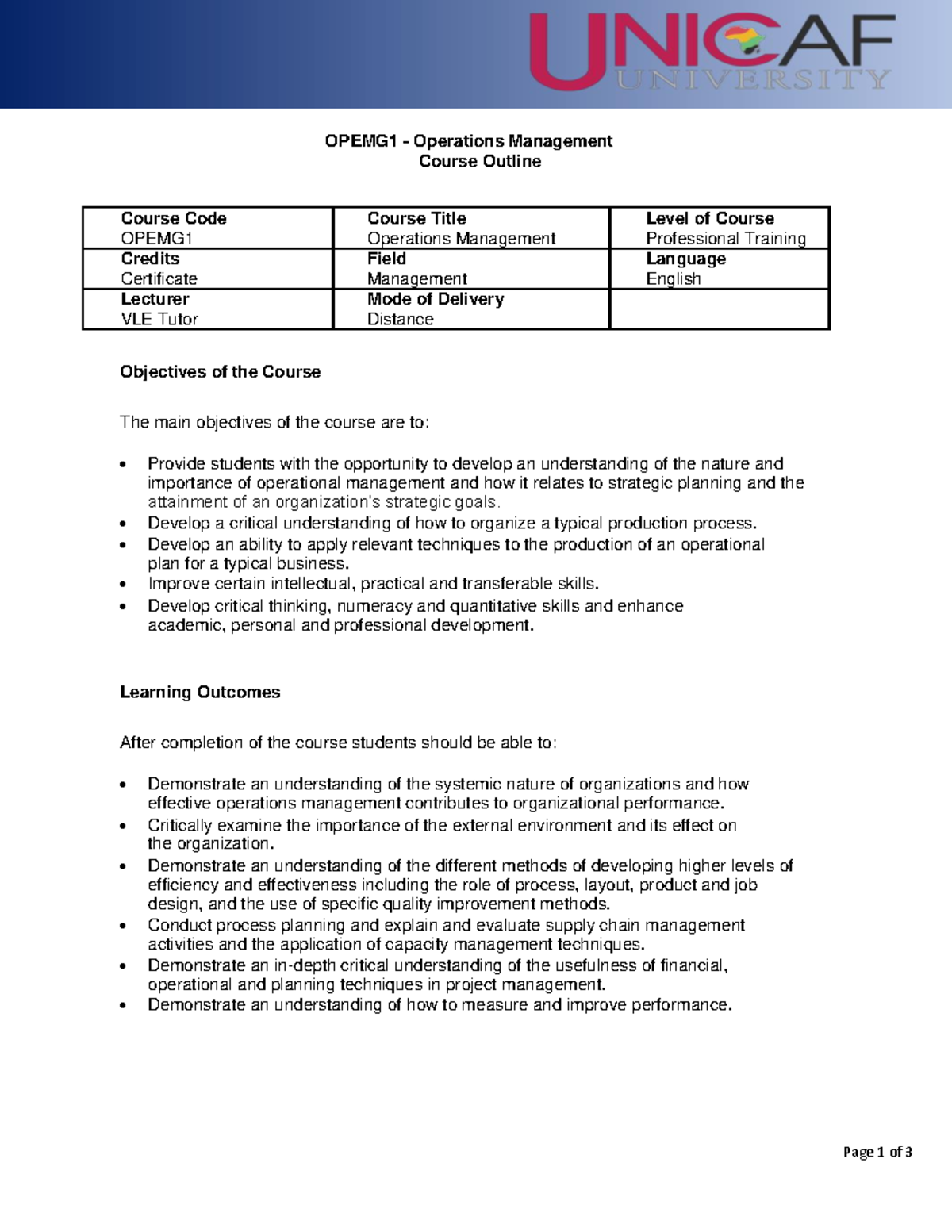 Opemg 1 - Operations Management - Course Outline - OPEMG1 - Operations Management Course Outline ...