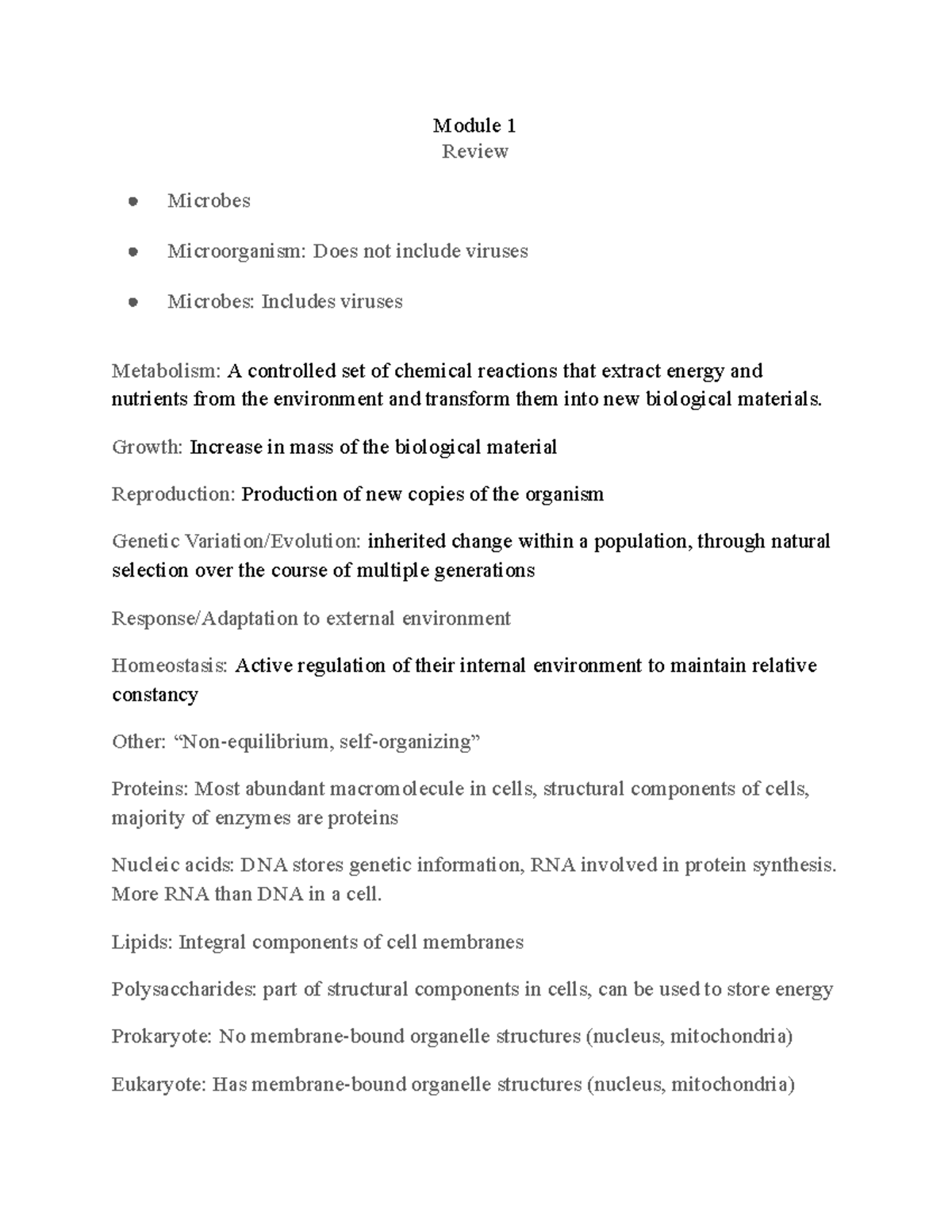 Chapter 1 Summary - Module 1 Review Microbes Microorganism: Does not ...