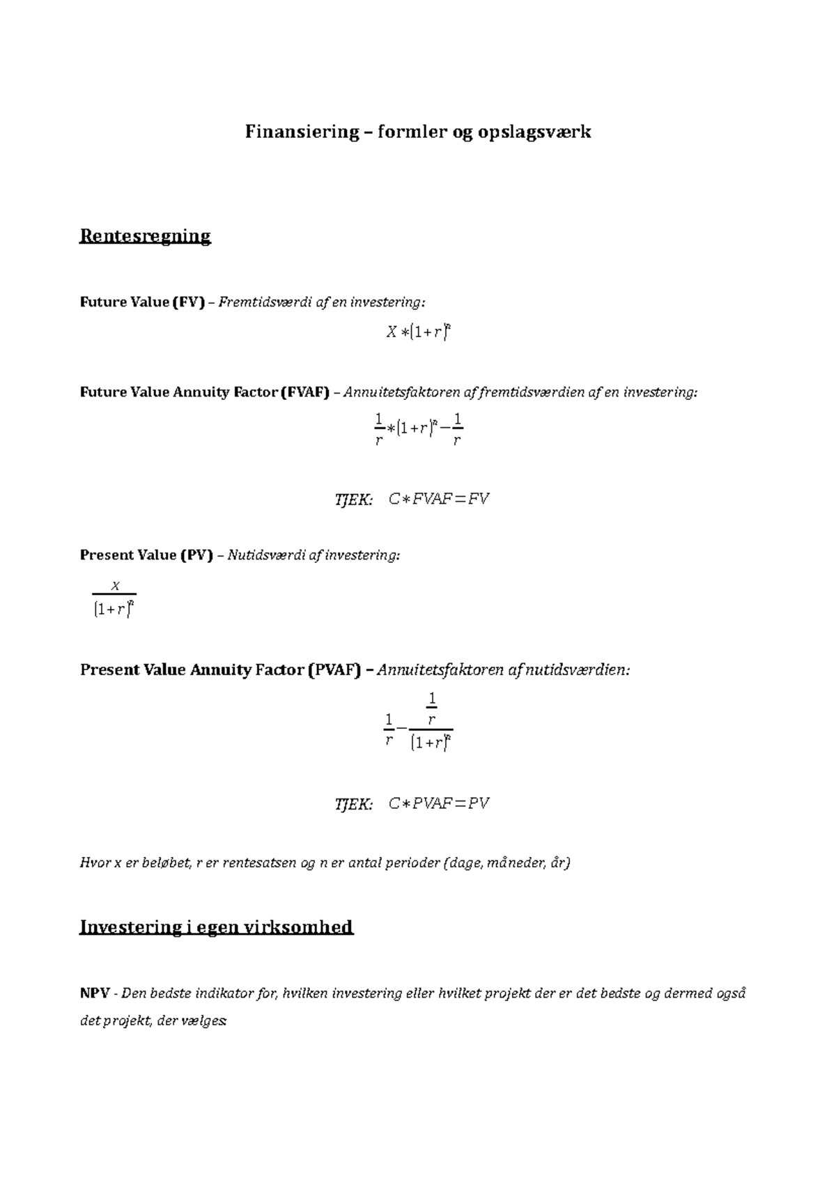 Formelsamling - Finansiering formler og Rentesregning Future Value (FV ...