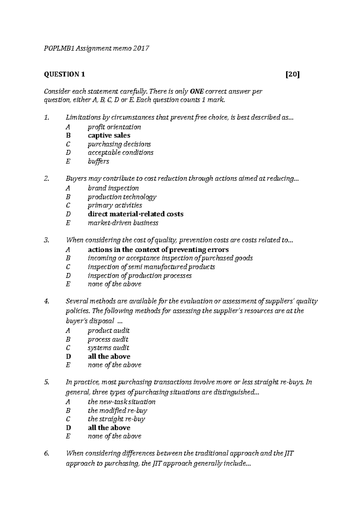 Poplmb 1 assignment memo 2017 - POPLMB1 Assignment memo 2017 QUESTION 1 [20] Consider each ...