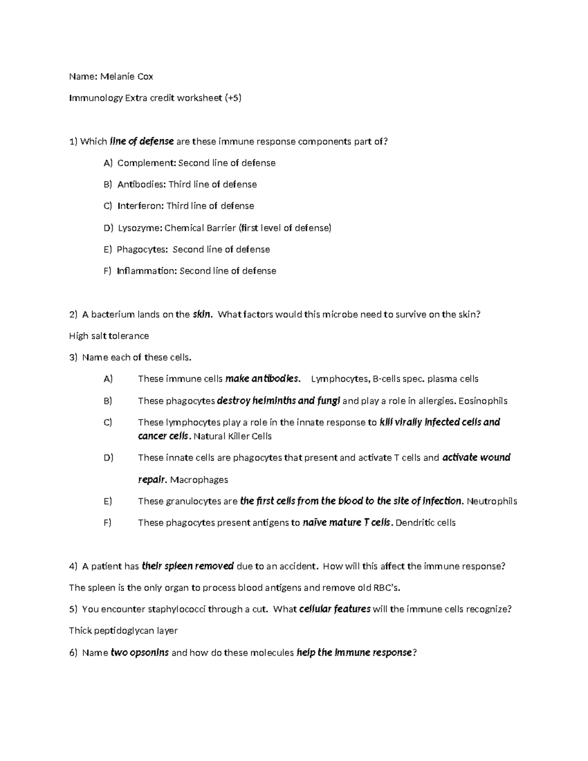 Immunology Extra Credit worksheet - What factors would this microbe ...