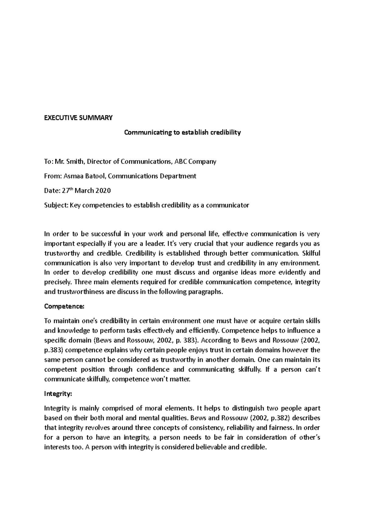 Assessment 1(MC) - EXECUTIVE SUMMARY Communicating to establish ...