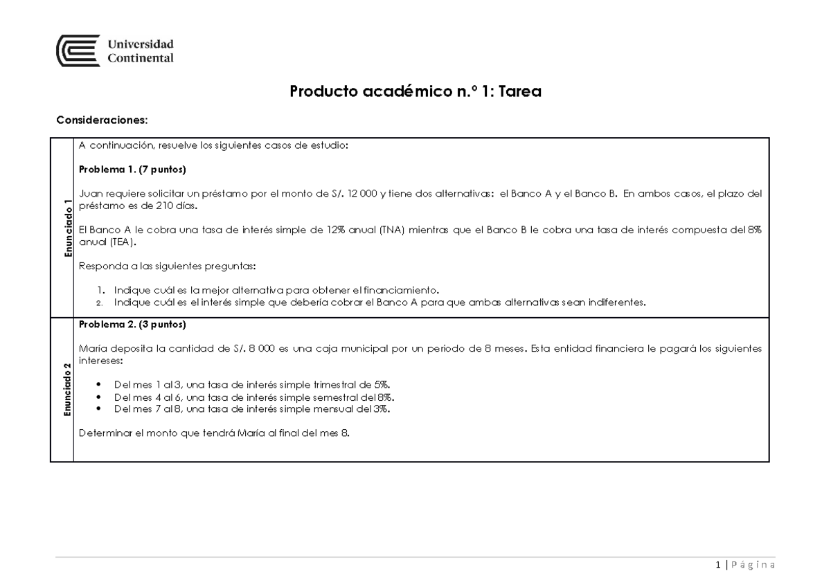 PA1 - DE NADA - Producto académico n.º 1: Tarea Consideraciones: Enunciado 1 A continuación ...