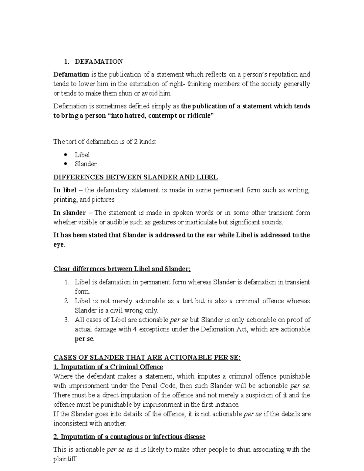 Lecture 8- Defamation - law of buss ness - 1. DEFAMATION Defamation is ...