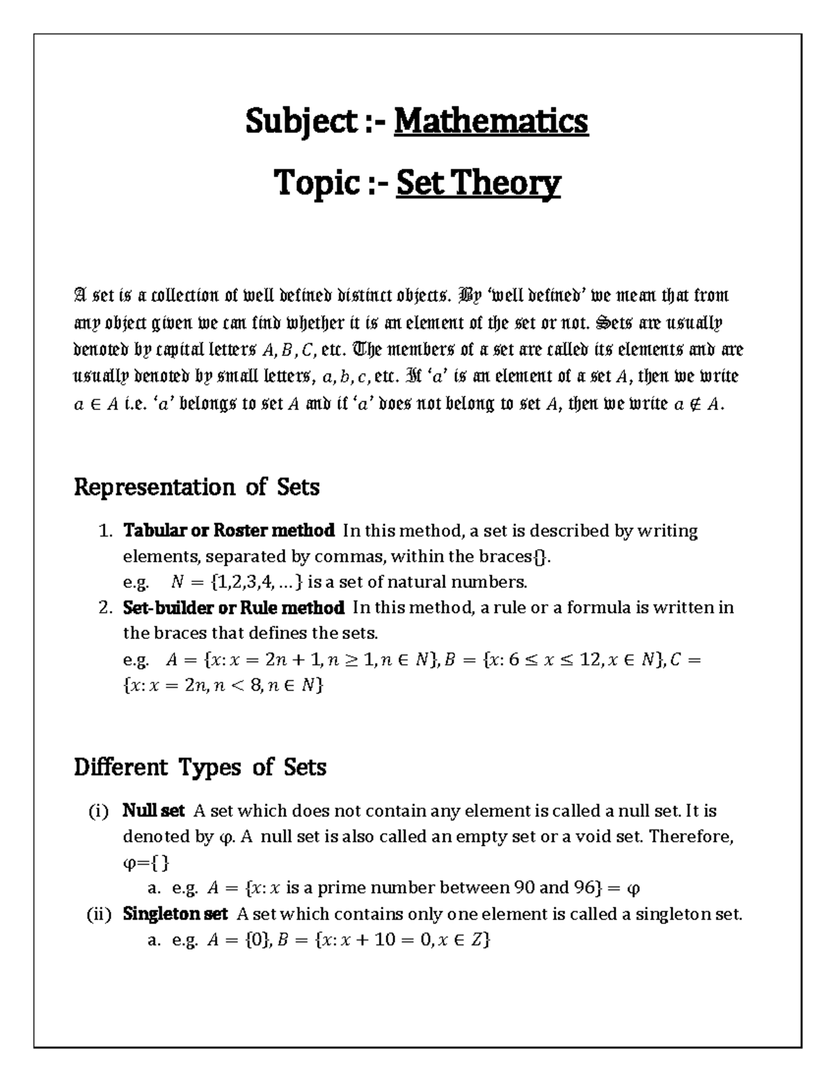 Set Theory-class notes - Subject :- Mathematics Topic :- Set Theory A ...