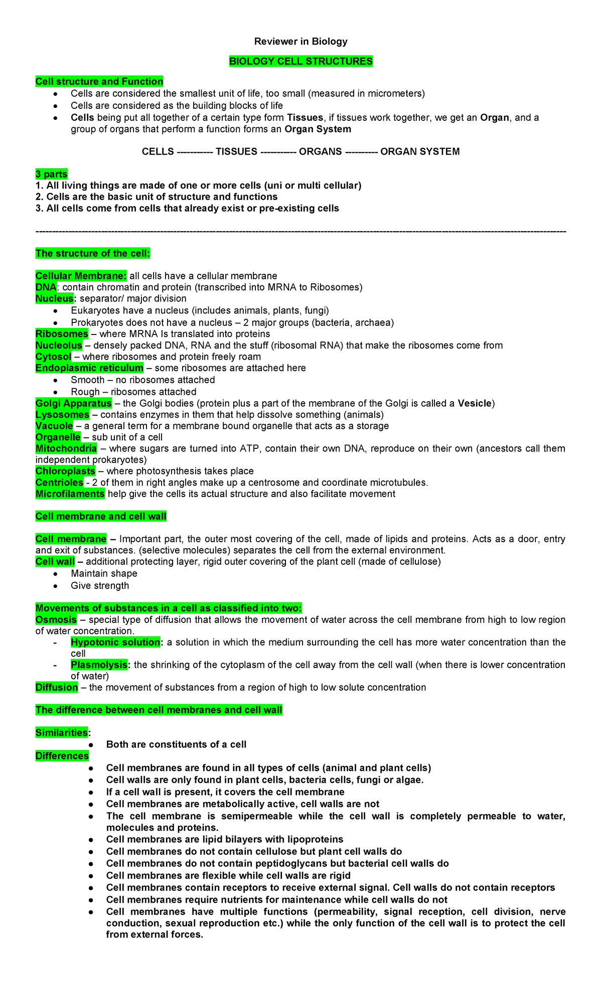 Reviewer-in-biology - Biology Notes - Reviewer in Biology BIOLOGY CELL ...