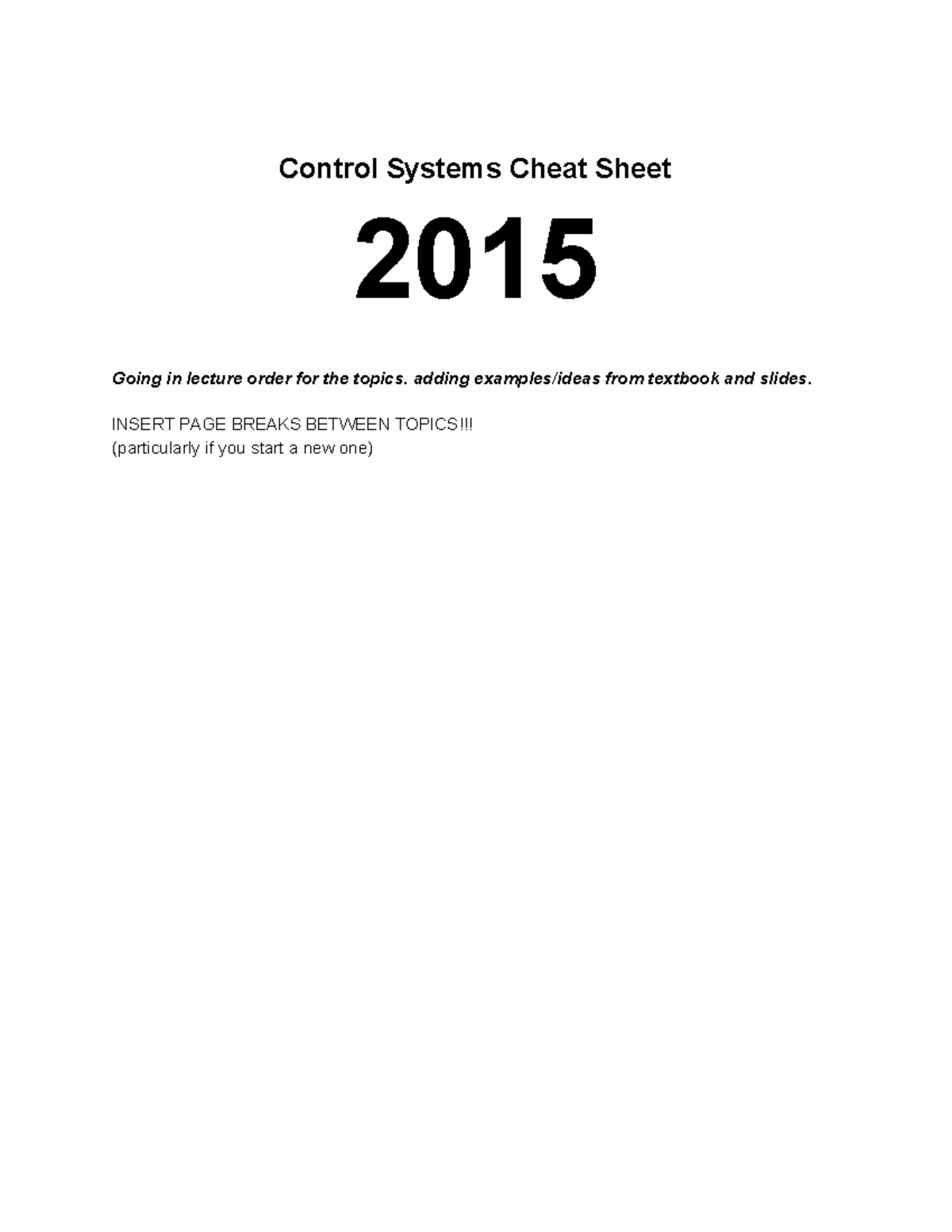 Controlsystems2015Cheatsheet - Control Systems Cheat Sheet 2015 - Studocu