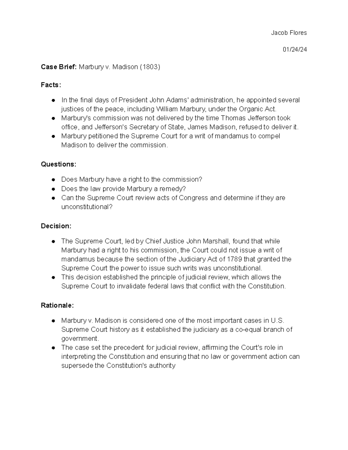 Case Briefs - Jacob Flores - Jacob Flores 01/24/ Case Brief: Marbury v ...