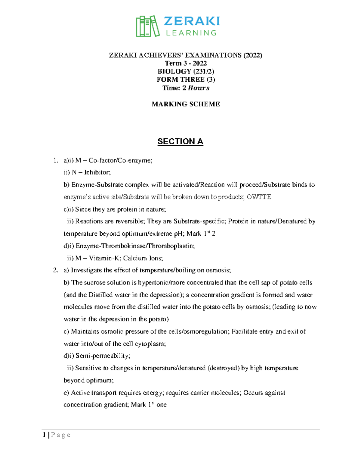 Biology - Biology PP2 FORM 3 - Marking Scheme - ZERAKI ACHIEVERS ...