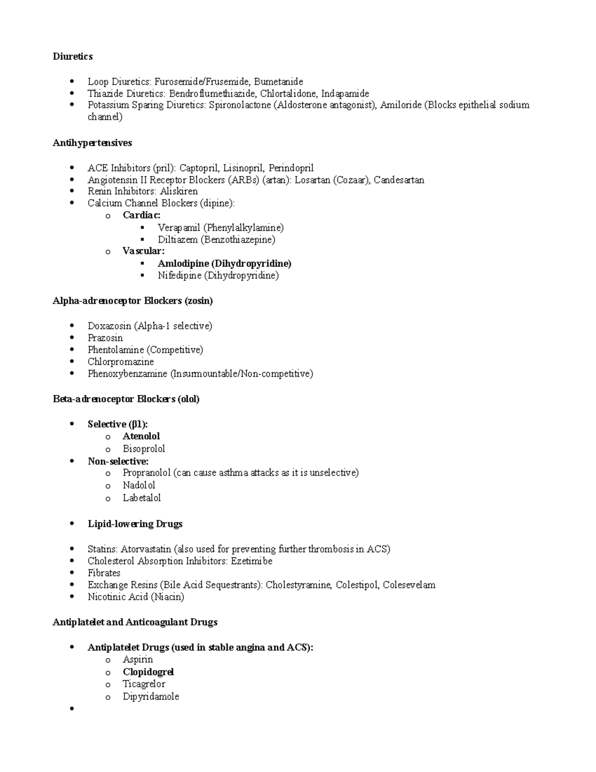 Doc6 - LIST OF ALL DRUGS - Diuretics Loop Diuretics: Furosemide ...