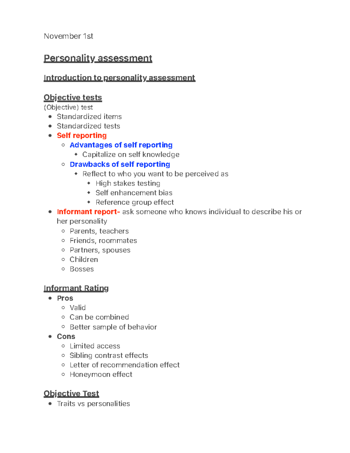 Personality assessment - November 1st - Studocu