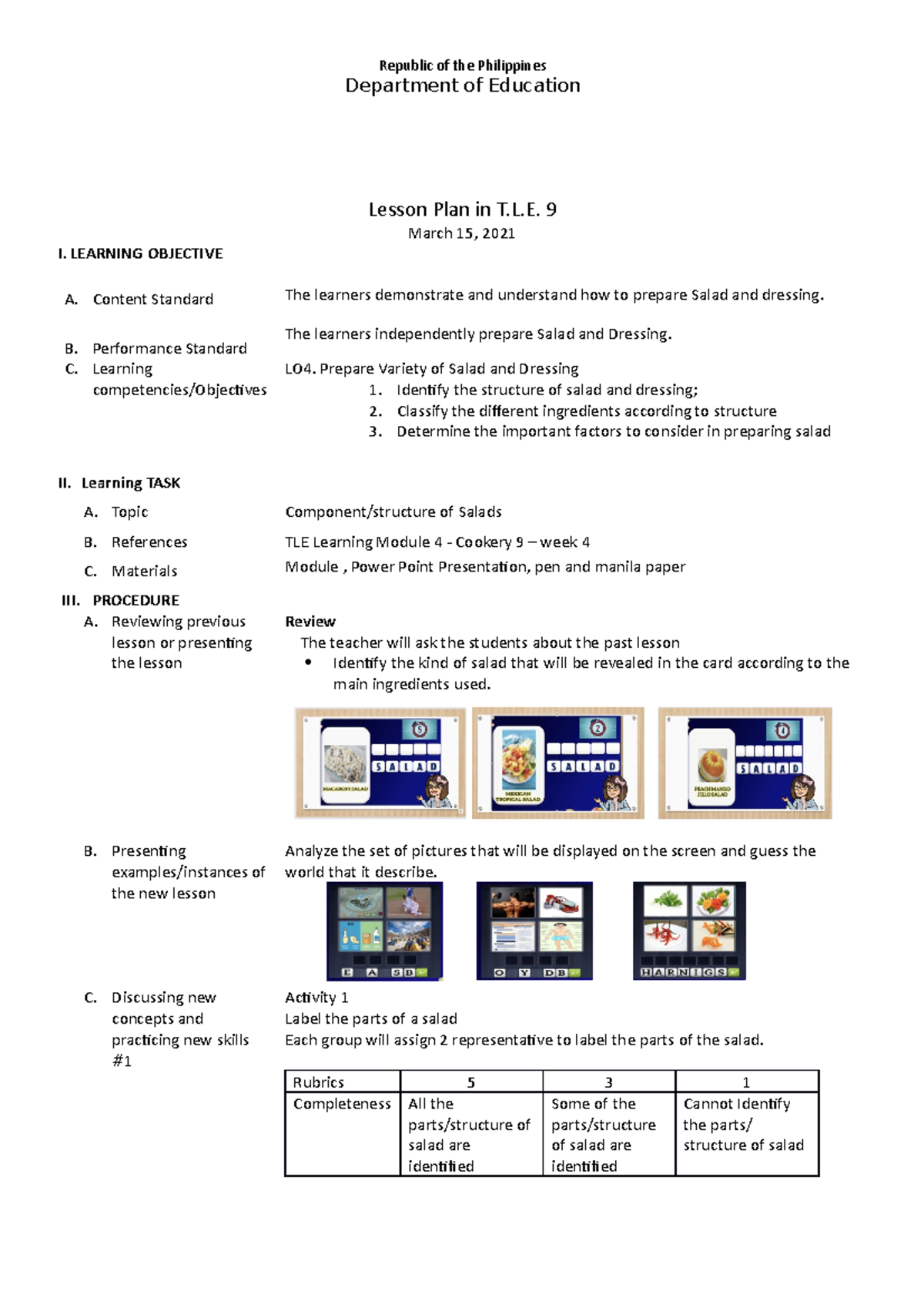Leson plan TLE 9 - notes - Republic of the Philippines Department of ...
