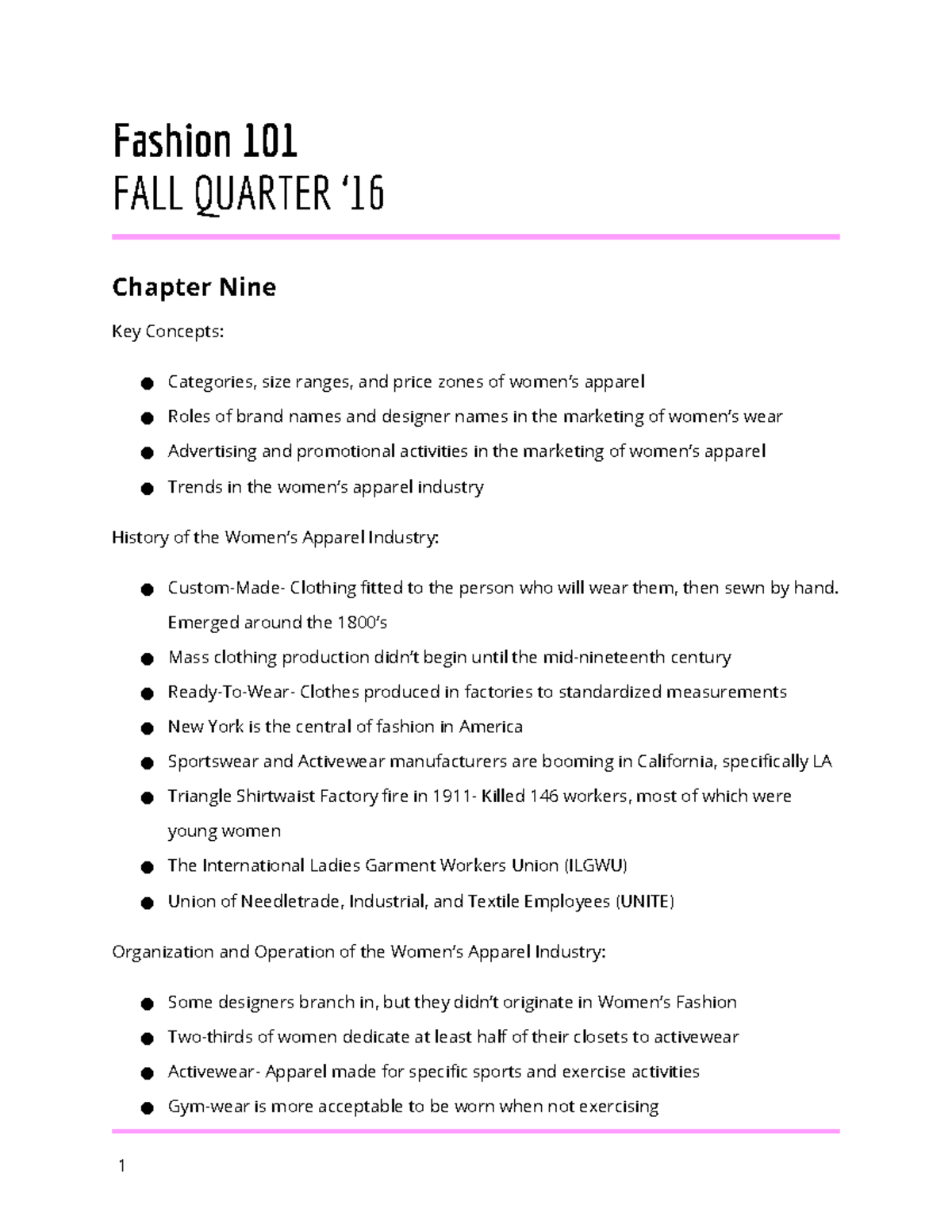 F9 - Lecture notes 9 - Fashion 101 FALL QUARTER ‘ Chapter Nine Key ...