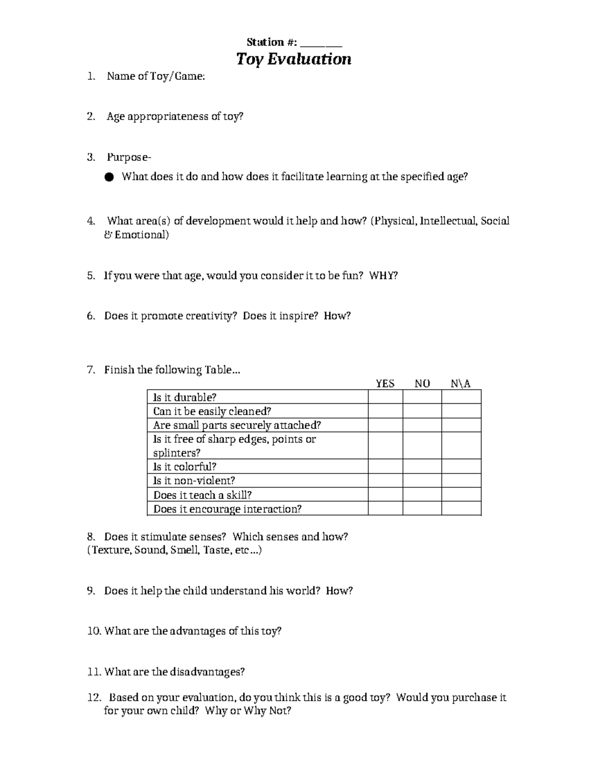 5 8 1 Toy Evaluation Worksheet - Station #: __________ Toy Evaluation 1 ...