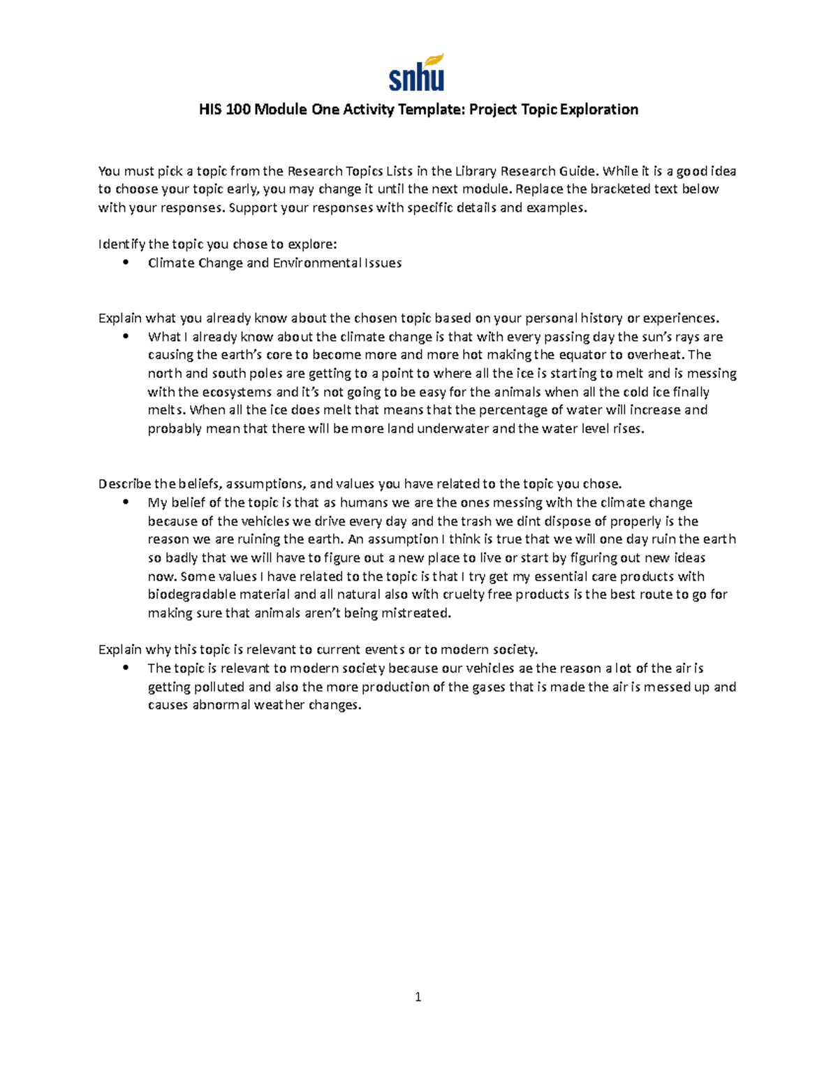 HIS 100 Module One Activity-Higinio C - HIS100 - SNHU - Studocu