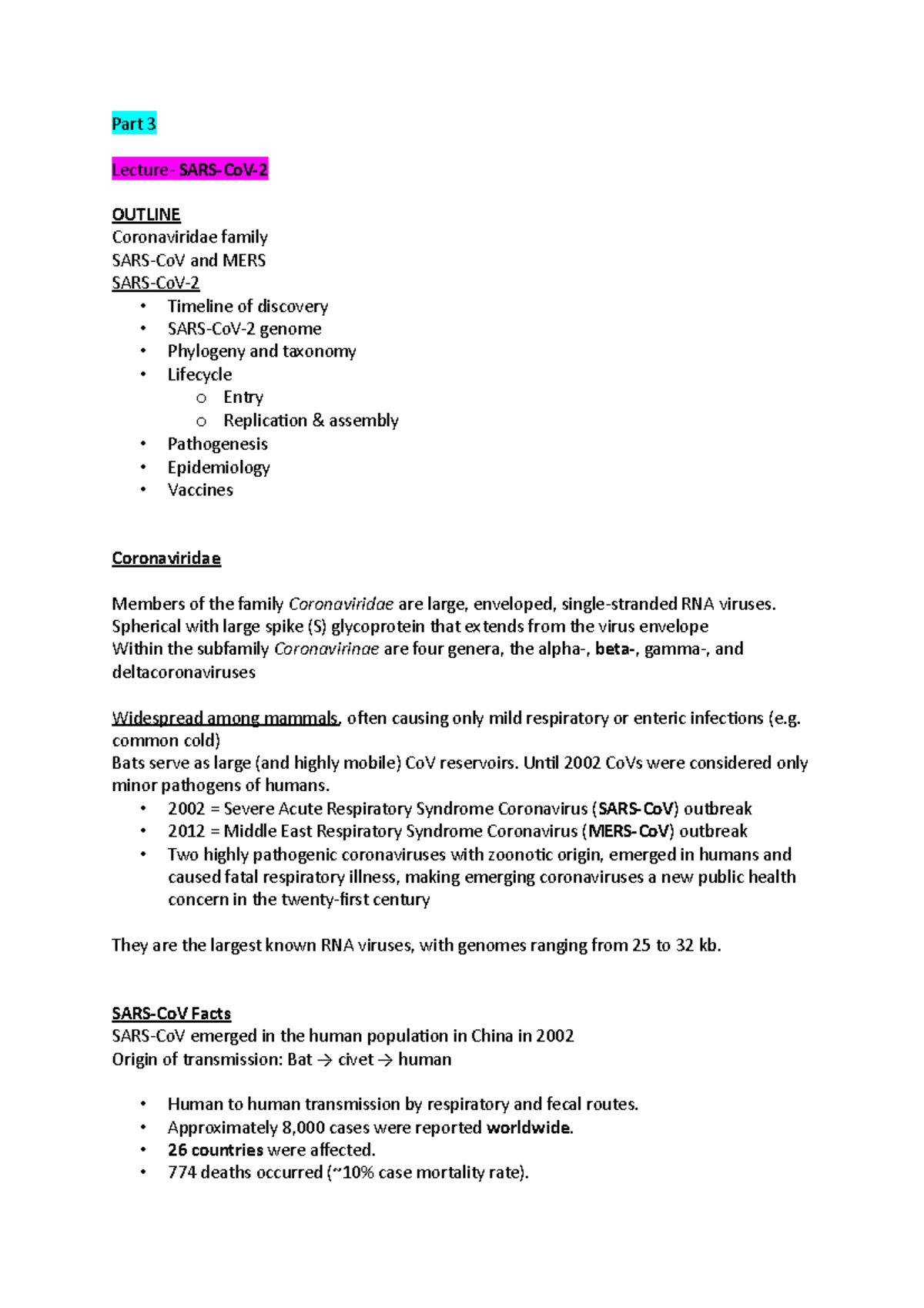 Week 25 part 9 - Lecture notes 11 - Part 3 Lecture- SARS-CoV- OUTLINE ...