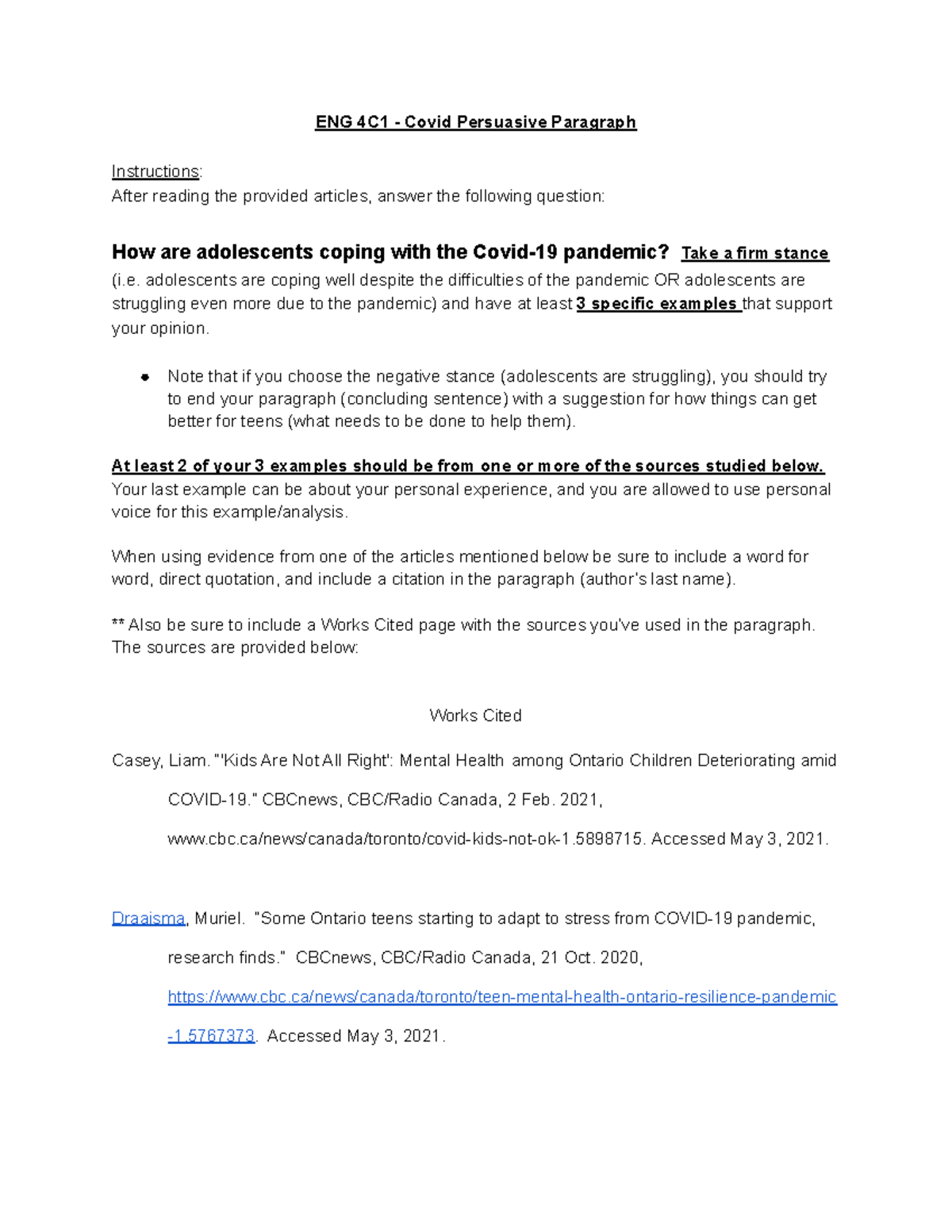 ENG4C1 - Covid Paragraph - ENG 4C1 - Covid Persuasive Paragraph ...