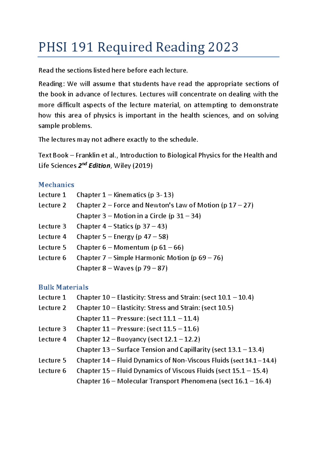 PHSI 191 Required Readings - PHSI 191 Required Reading 2023 Read the sections listed here before ...