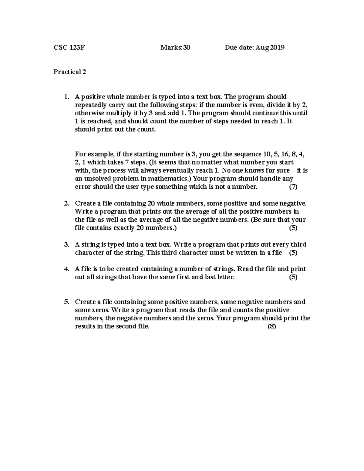Csc123f Prac 2 Csc Practical Csc 123f Marks30 Due Date Aug 2019