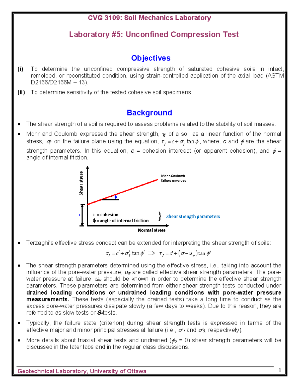 CVG3109 Lab Unconfined Compression Test - Laboratory #5: Unconfined ...