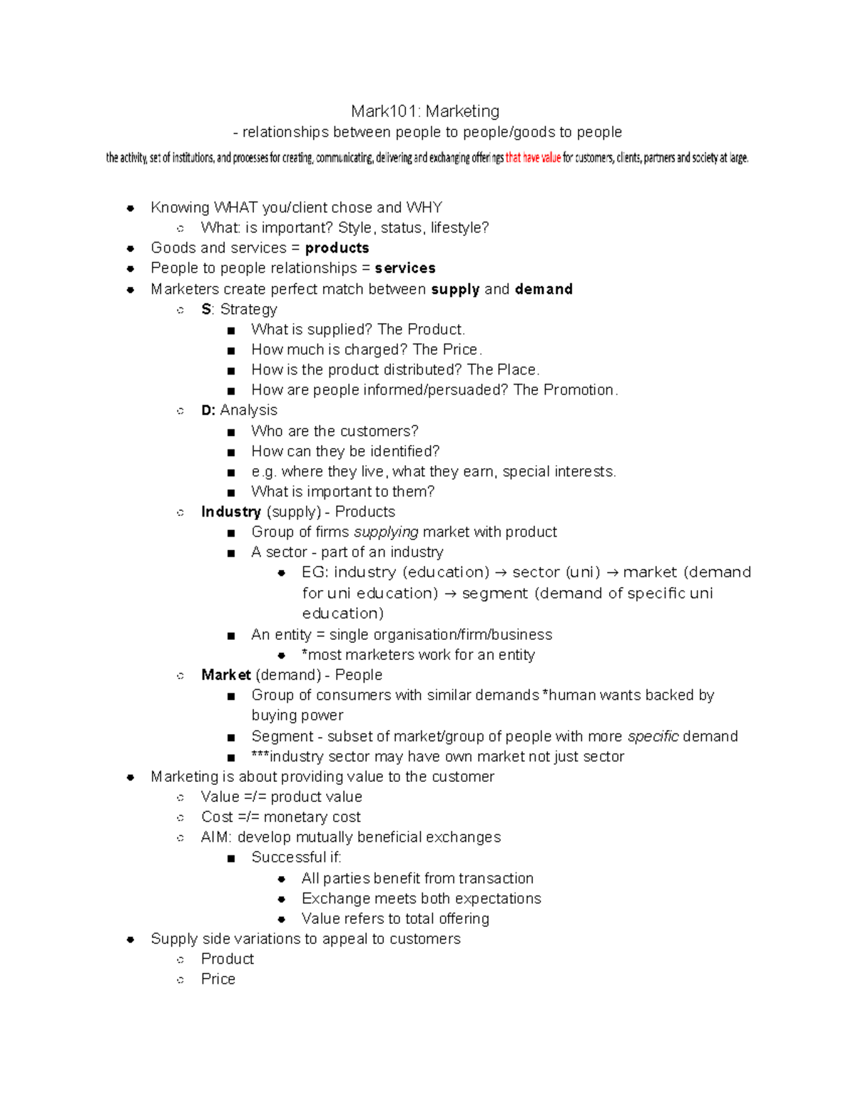MARK101 Lecture notes - Mark101: Marketing - relationships between ...