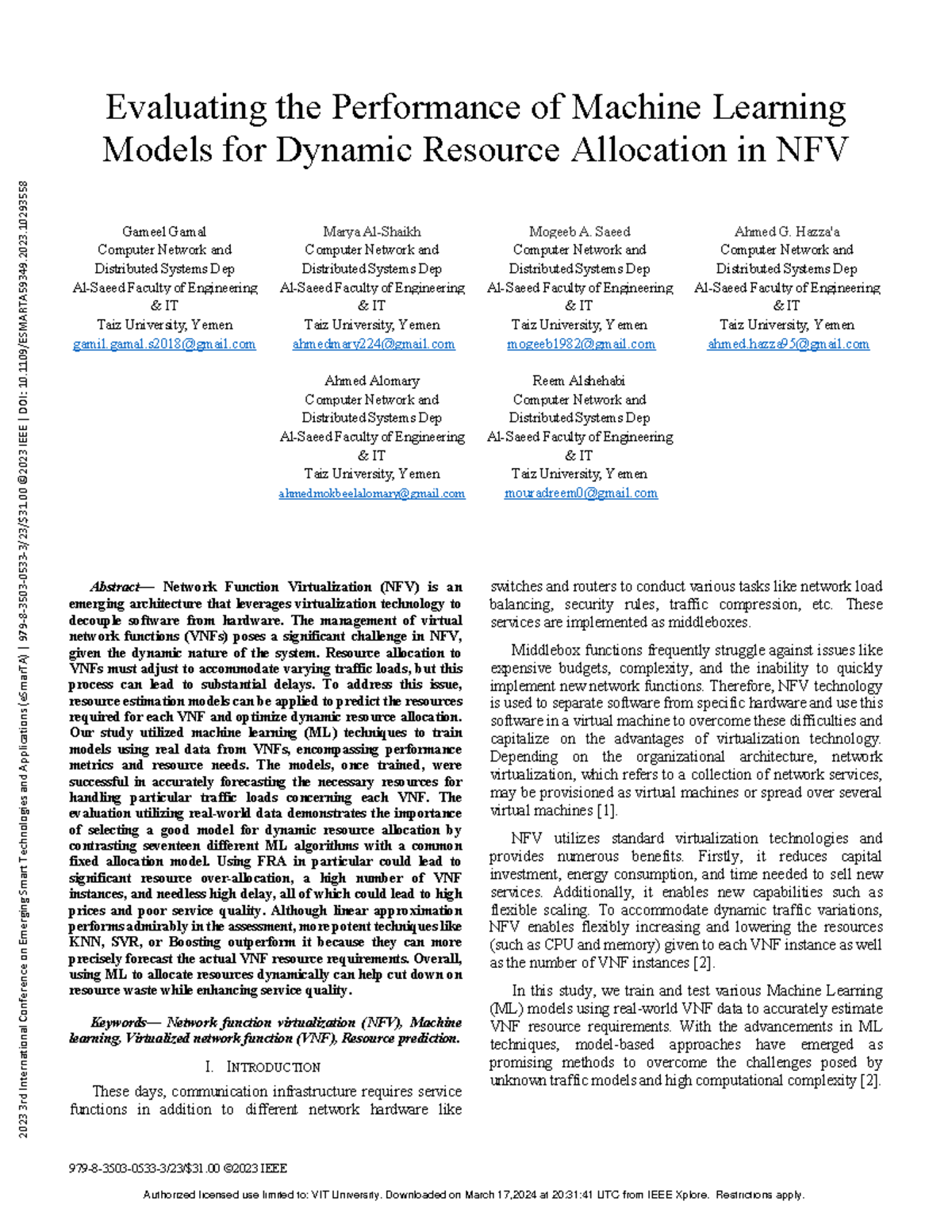 Evaluating the Performance of Machine Learning Models for Dynamic Resource Allocation in NFV ...