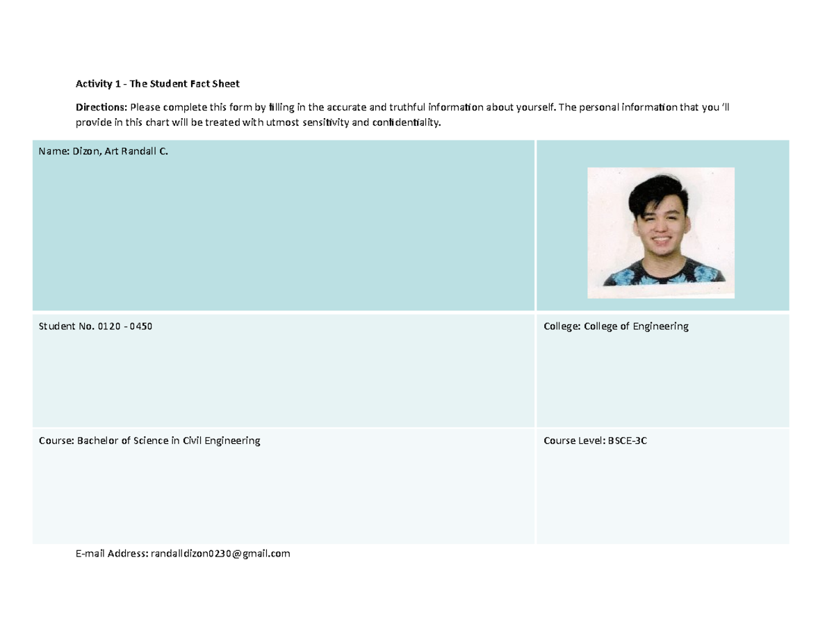 Activity 1 and 2 - Activity 1 - The Student Fact Sheet Directions ...