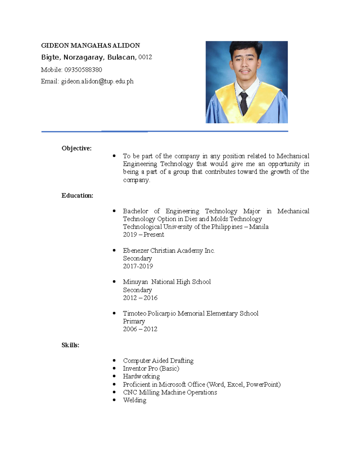 My Resume - Thank y - GIDEON MANGAHAS ALIDON Bigte, Norzagaray, Bulacan ...