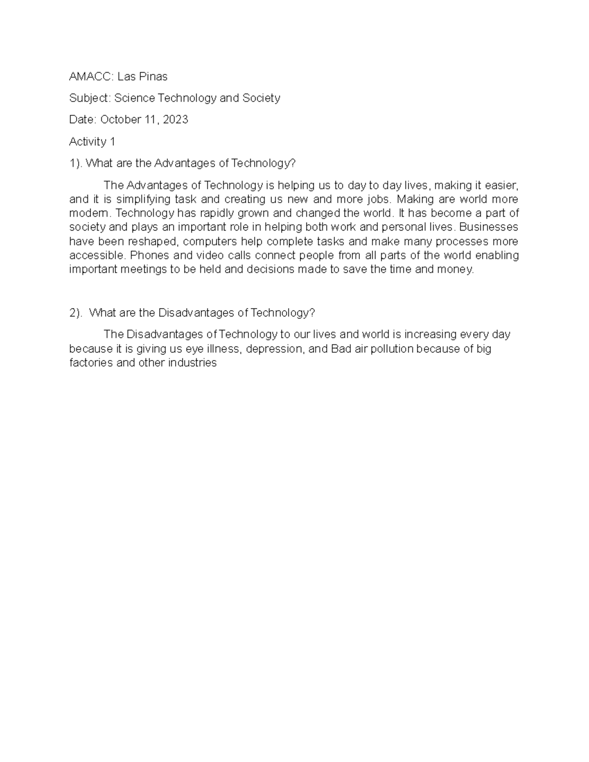 Science Technology & Society Activity - AMACC: Las Pinas Subject ...