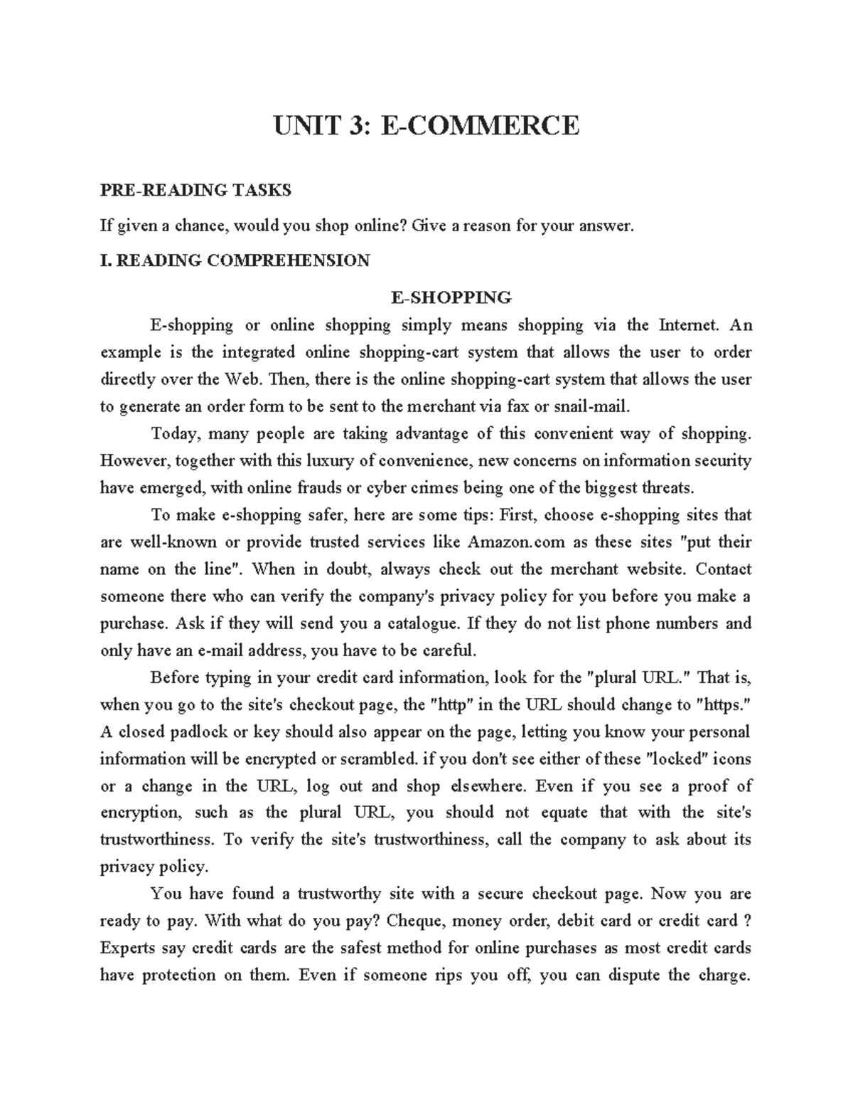 Tuần 3 - tham khảo - UNIT 3: E-COMMERCE PRE-READING TASKS If given a ...