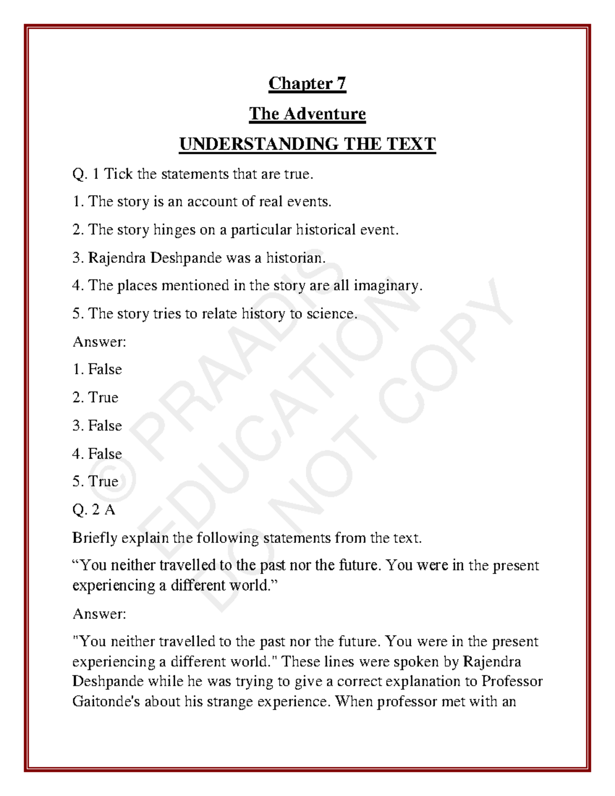 Ch 7 - Chapter 7 The Adventure UNDERSTANDING THE TEXT Q. 1 Tick the ...