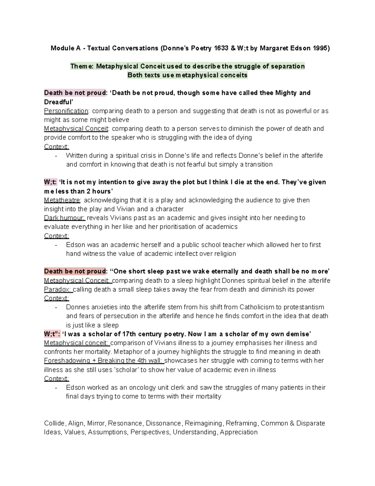 English Adv Cheat Sheet - Module A - Textual Conversations (Donne’s ...