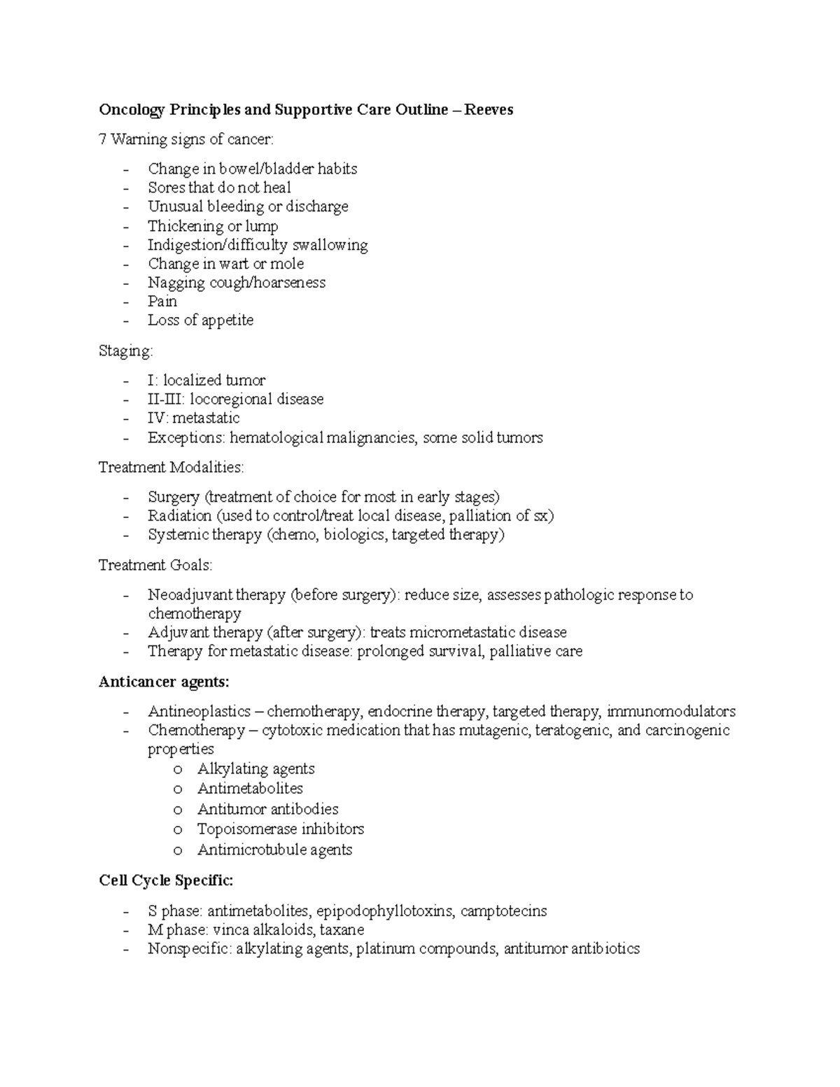 Oncology Principles and Supportive Care Outline - 05-0 umol/L) Regimens ...