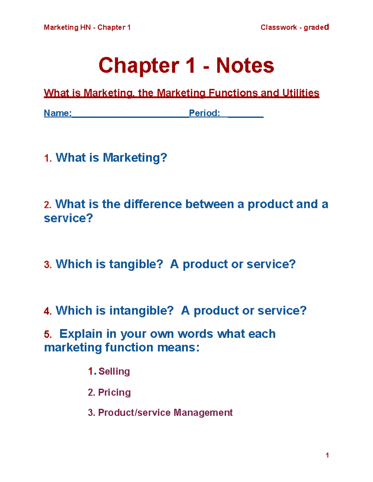 Copy of Marketing Functions Activity - Chapter 1 - Notes What is ...