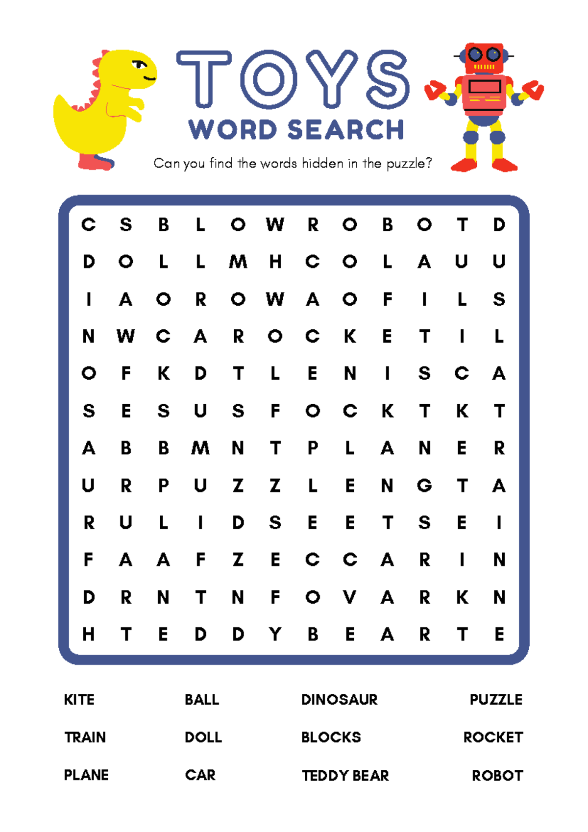 White Colorful Toys Word Search Worksheet - Can you find the words ...
