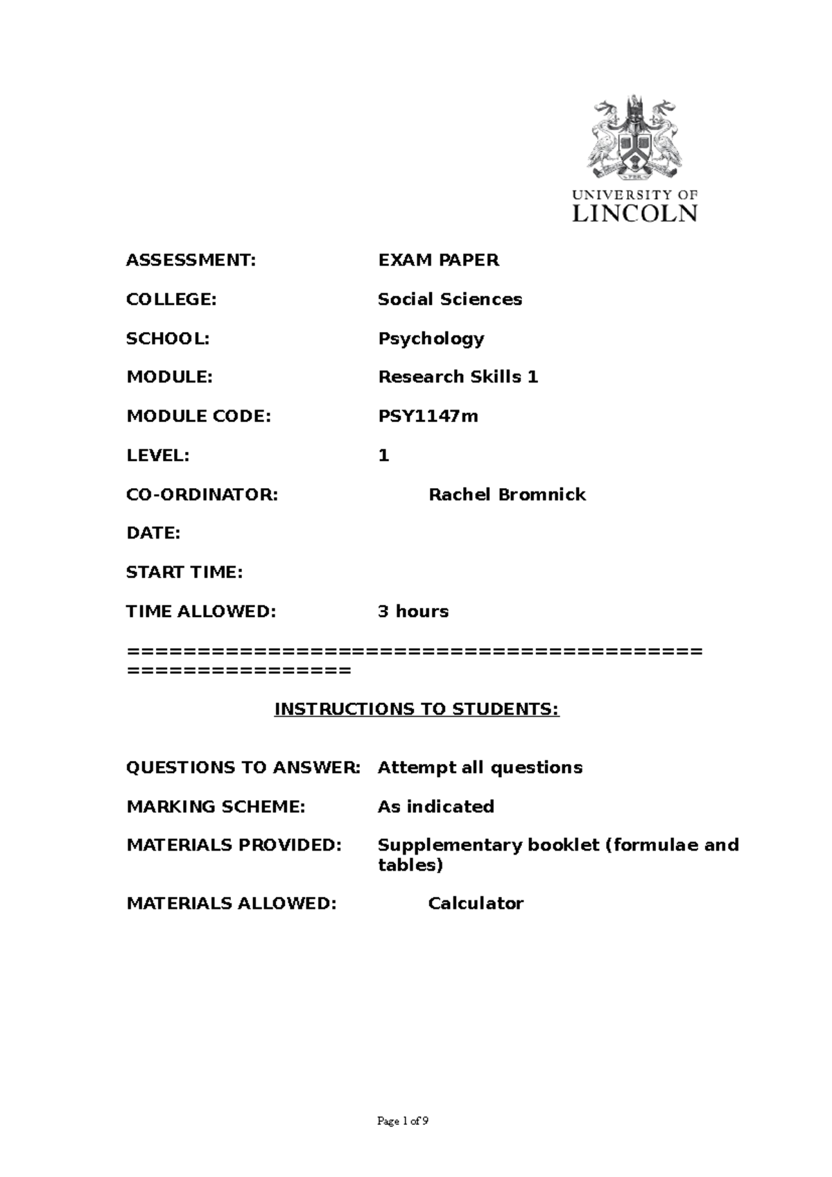 RS1 Sample Paper - ASSESSMENT: EXAM PAPER COLLEGE: Social Sciences ...
