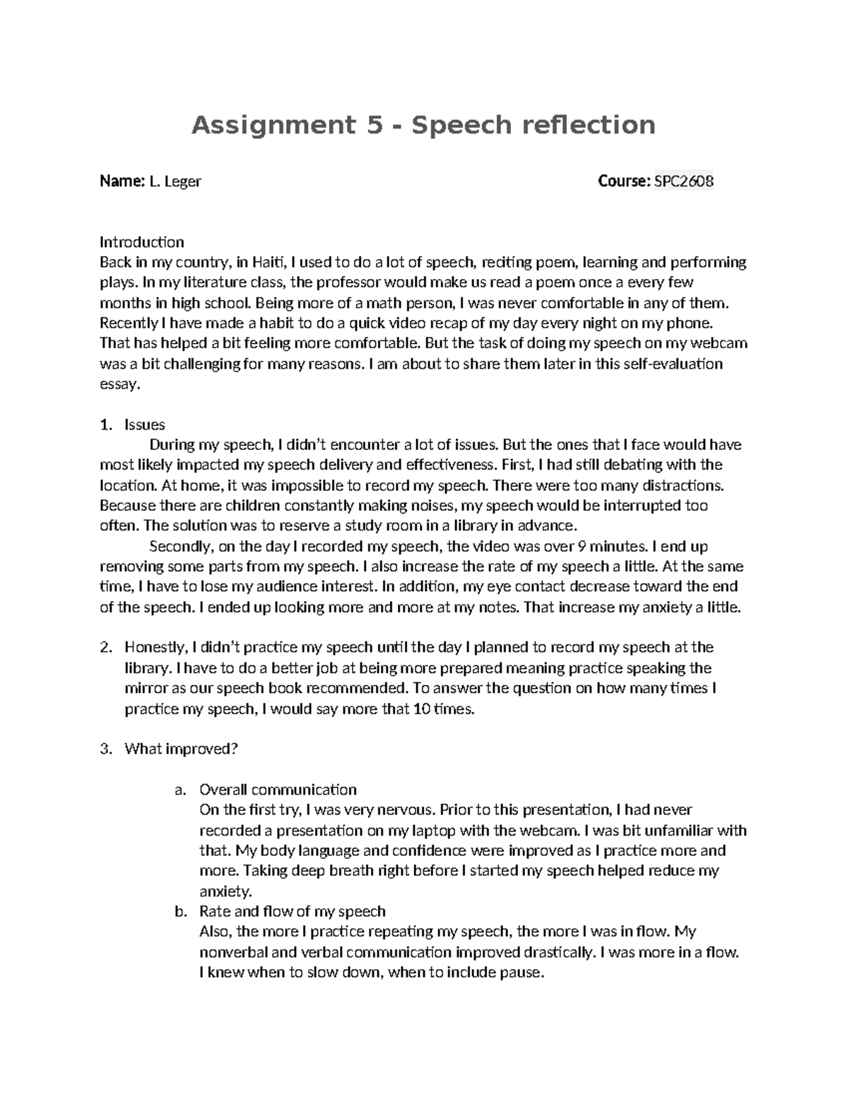 Assignment 5 - Speech reflection - Assignment 5 - Speech reflection ...
