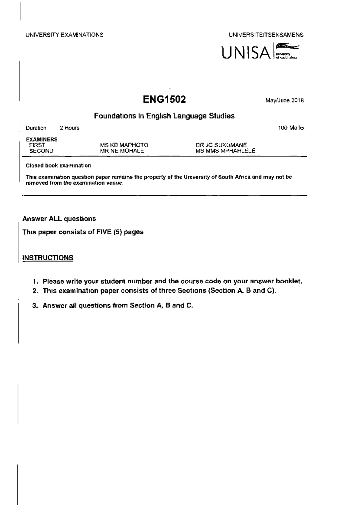 Exam June 2017, questions - UNIVERSITY EXAMiNATIONS ...