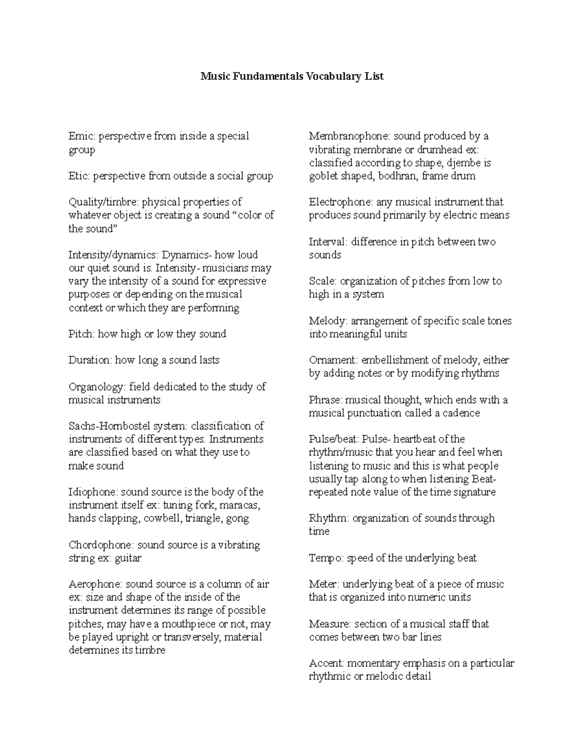 Music Fundamentals Vocabulary List - Intensity- musicians may vary the ...