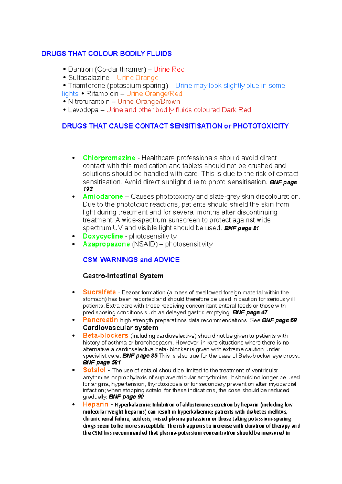 Drugs notes pre reg - DRUGS THAT COLOUR BODILY FLUIDS • Dantron (Co ...