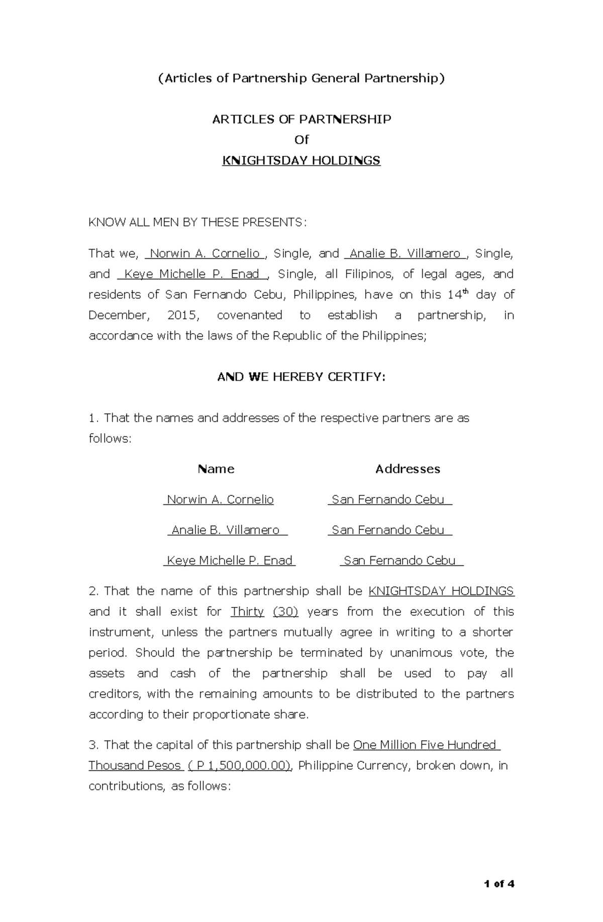 Norwin cornelio - More info - (Articles of Partnership General ...