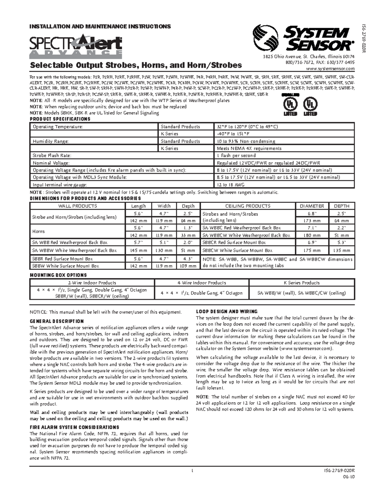 P2RK-SP. Sirena exterior incendio system sensor - 1 I56-2769-020R 06 ...
