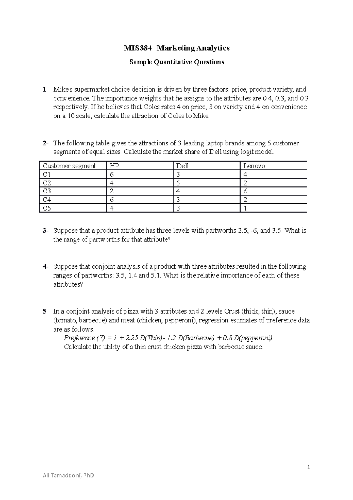 Sample/practice exam, questions - MIS384- Marketing Analytics Sample ...