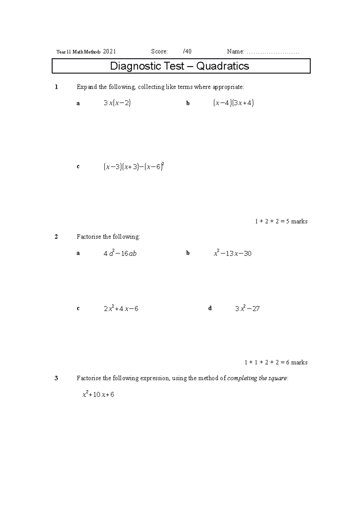 Chpt 3 Quadratics Diagnostic Test 2021 - Year 11 Math Methods 2021 ...
