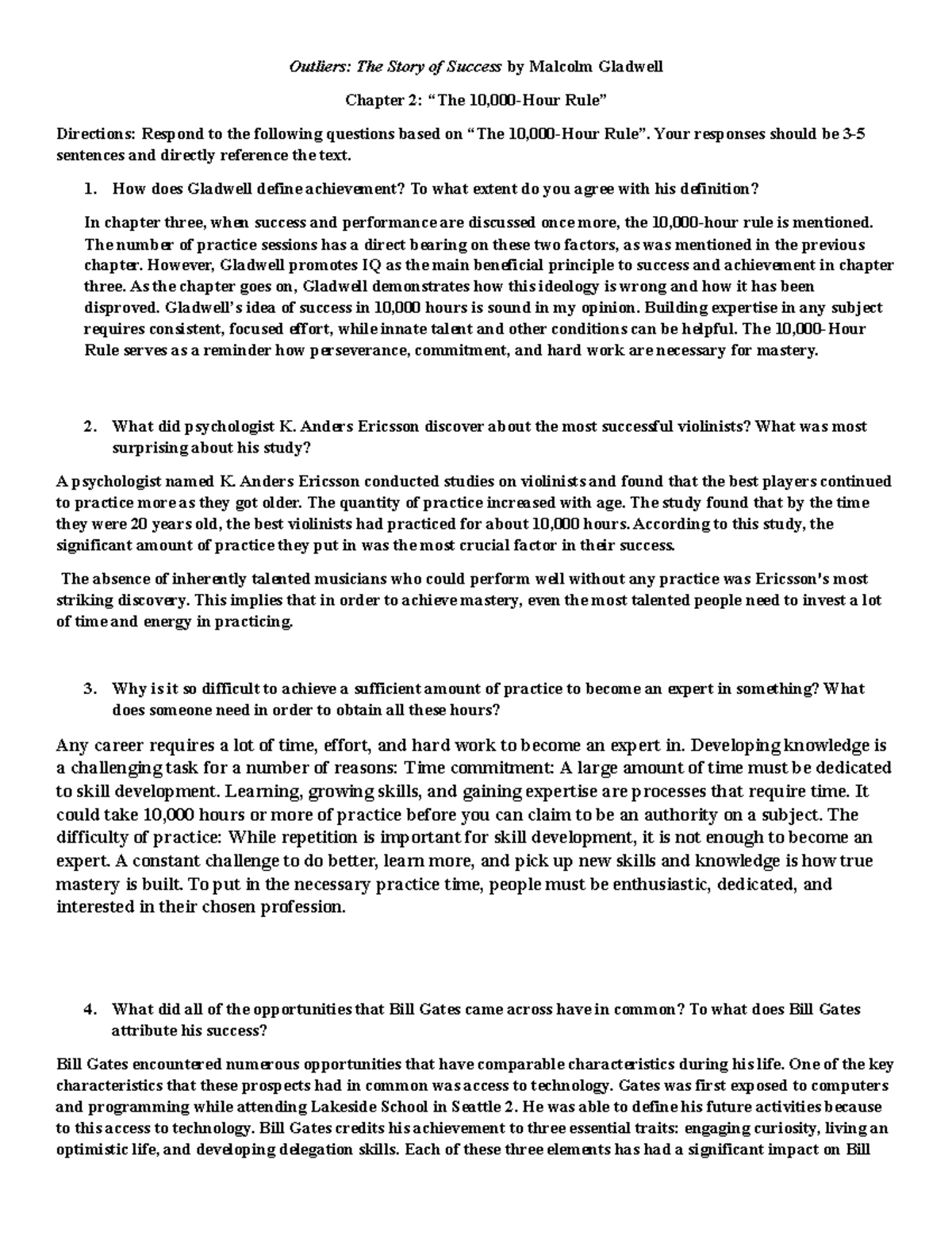 10,000 Hour Rule Assignment - Outliers: The Story of Success by Malcolm ...